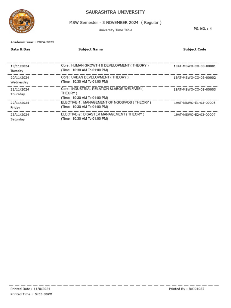 MSW Sem-3 Time Table | PDF