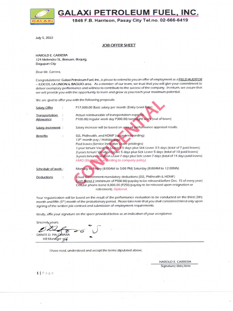 Job Offer Sheet | PDF