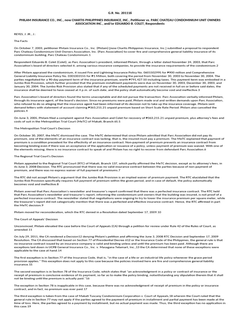 Philam Ins Vs Parc Chateau | PDF | Insurance | Insurance Policy