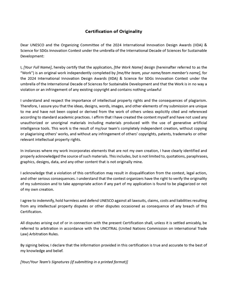 Certification of Originality for IIDA 2024 | PDF | Plagiarism | Justice