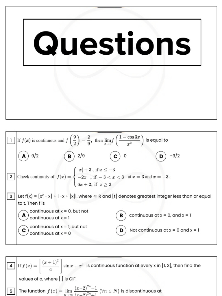 Continuity and Differentiability - Question Sheet | PDF | Function (Mathematics) | Elementary ...