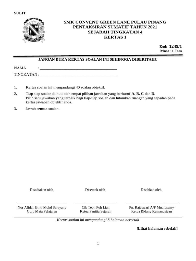 Soalan PAT Sejarah T4 K1 & Cover 2021(2) | PDF