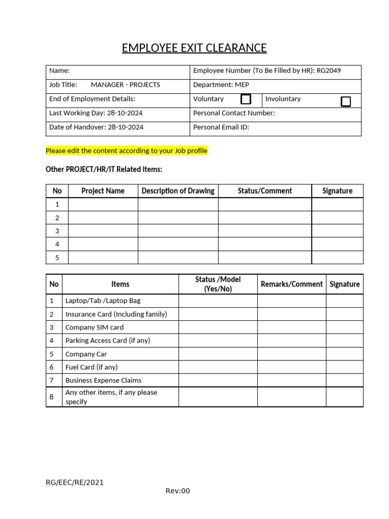 Employee Exit Clearance Document - EMAC | PDF