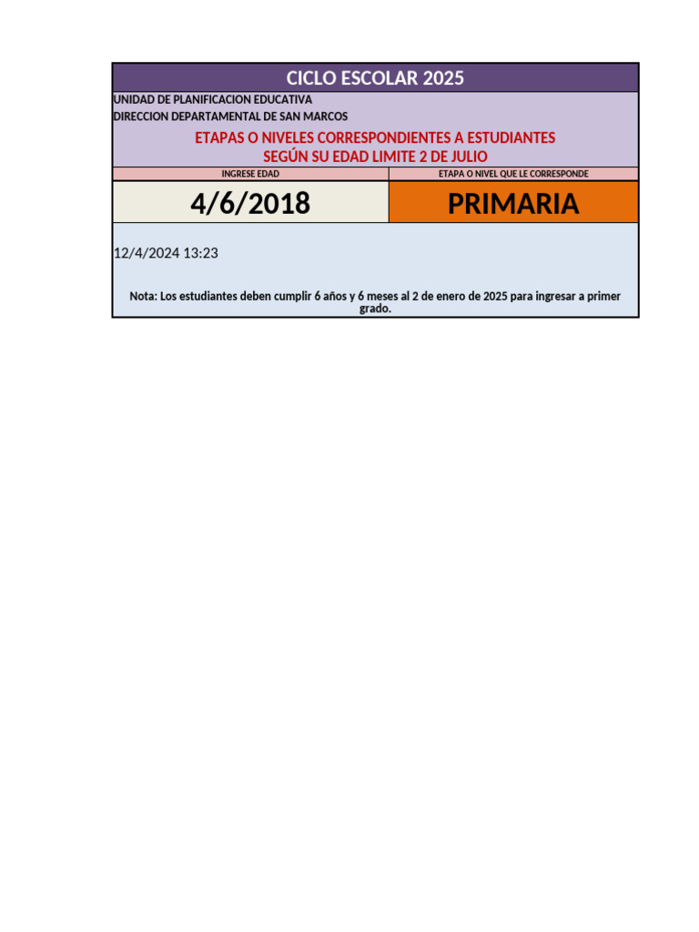 Edades y Grados Escolares 2025 | PDF