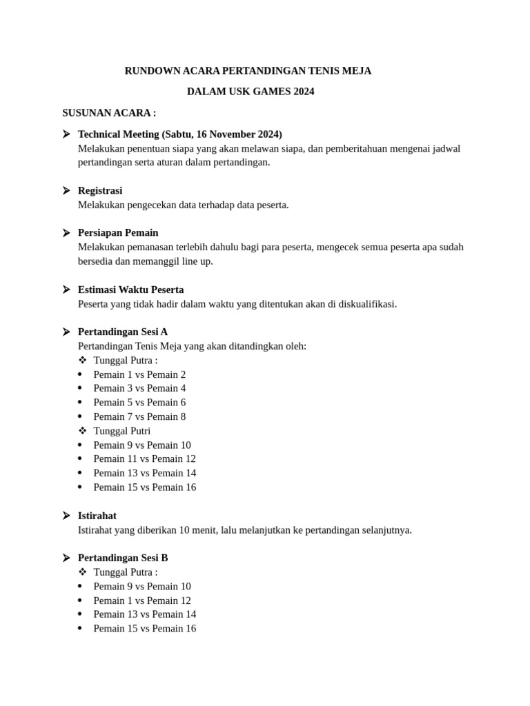 Rundown Acara Pertandingan Tenis Meja | PDF