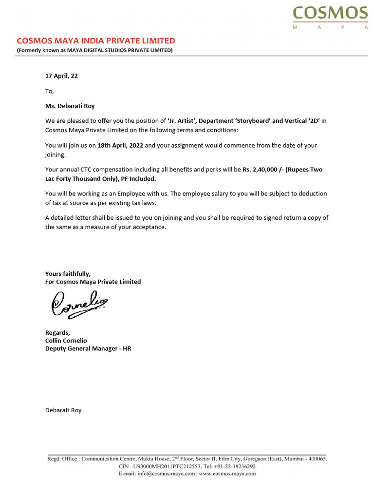 Offer Letter - Cosmos Maya | PDF