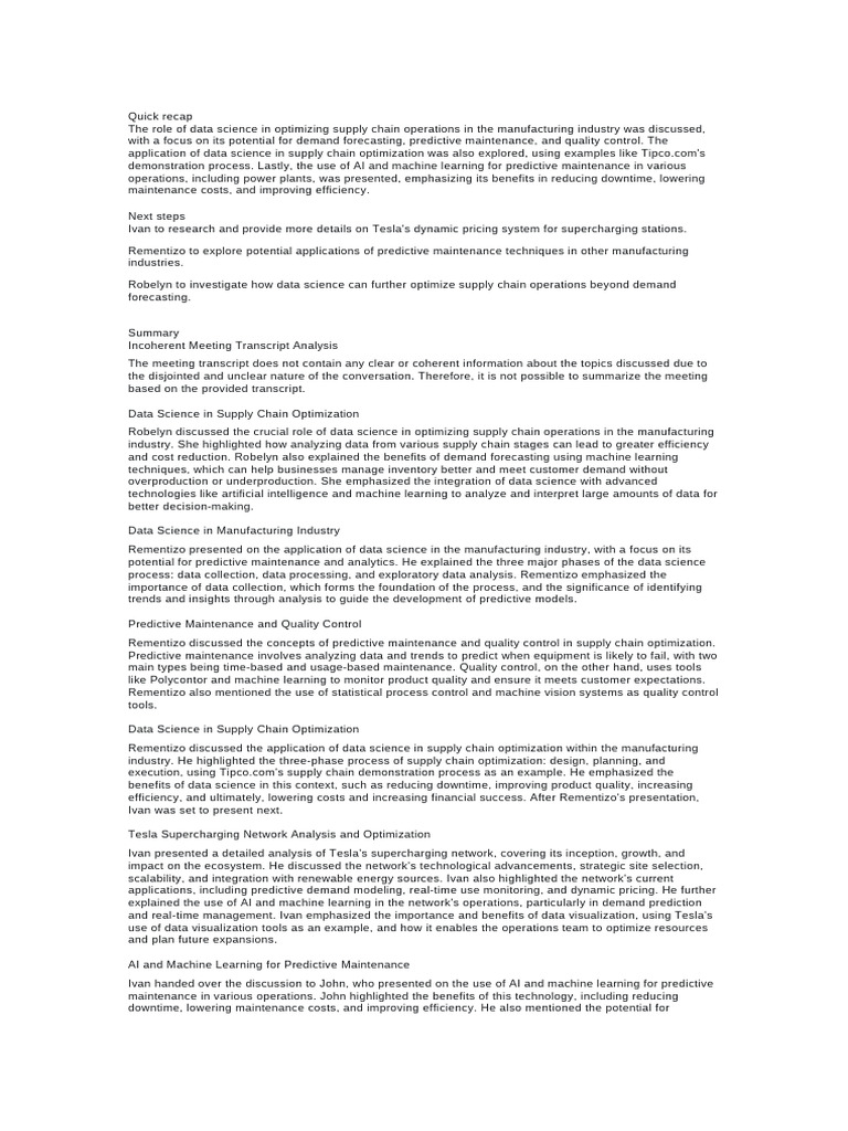 AI Summary (Manufacturing 302I) | PDF | Data Science | Supply Chain