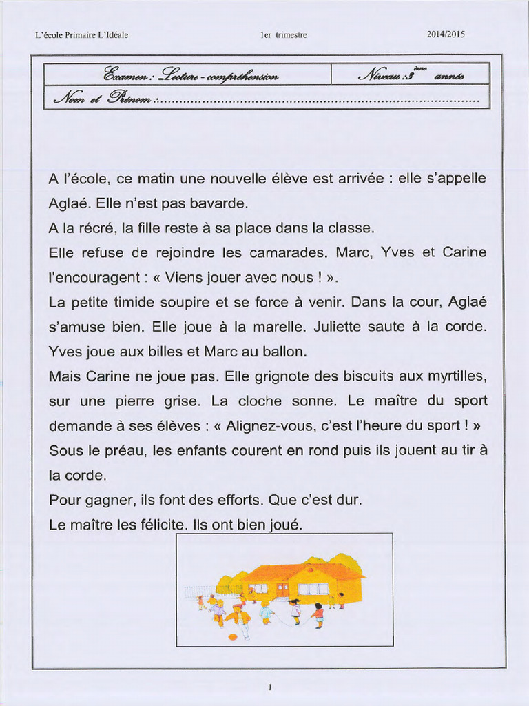 Epreuve de Français (Lecture-Compréhension) - 1er Trimestre - 3ème ...