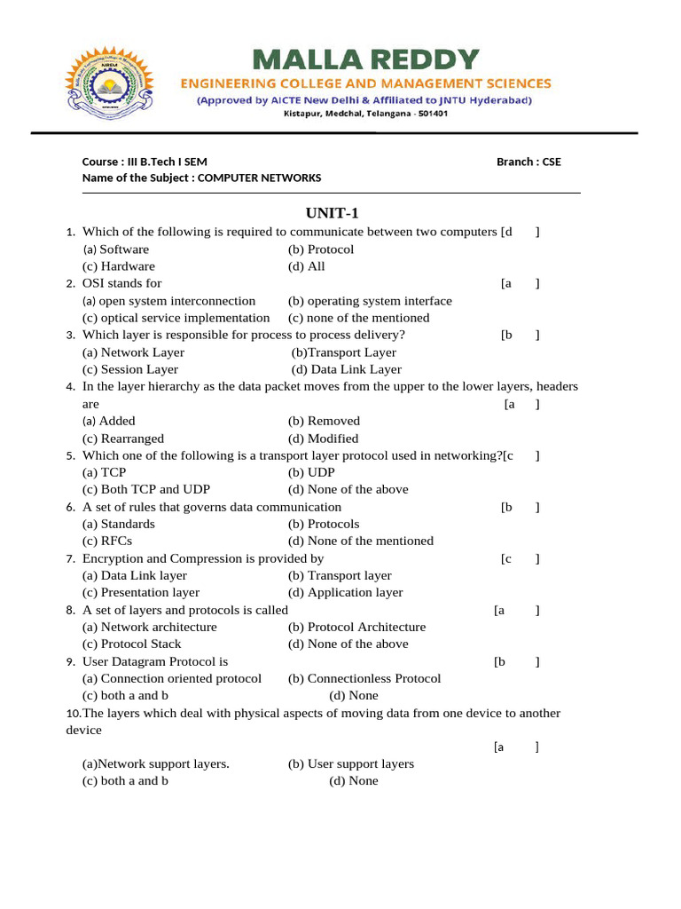 CN MID-1 OBJ Question Bank | PDF | Internet Protocols | Computer Network