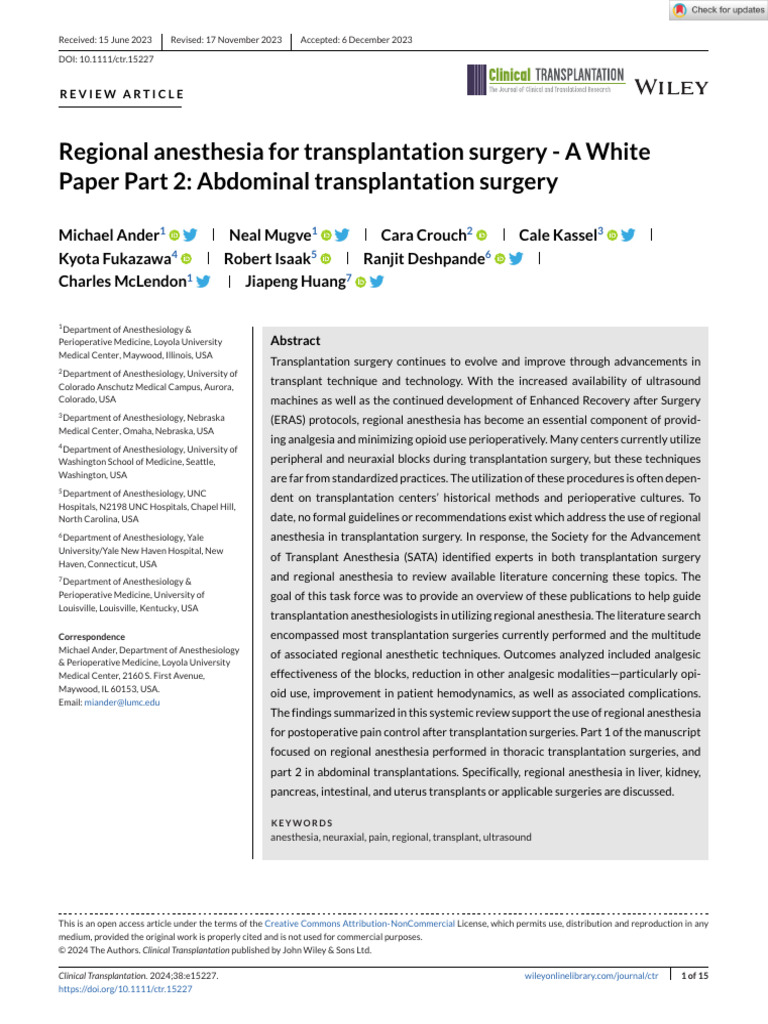 Clinical Transplantation - 2024 - Ander - Regional Anesthesia For ...