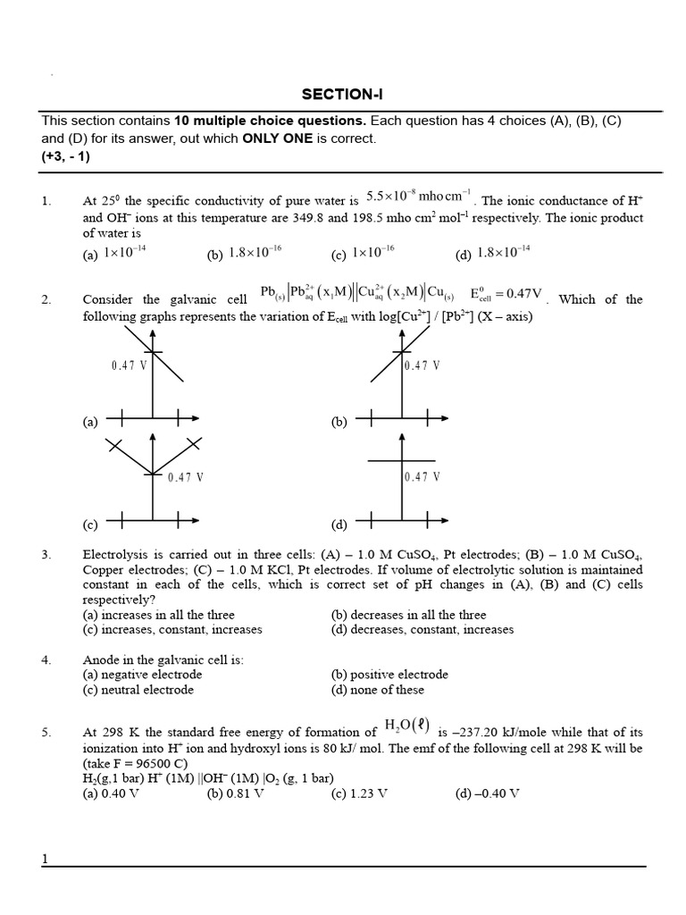Electrochemistry (Question Paper) | PDF | Electrode | Anode