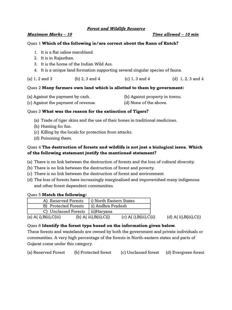 Forest Resource and Wildlife (MCQ Test) | PDF | Forests | Natural ...