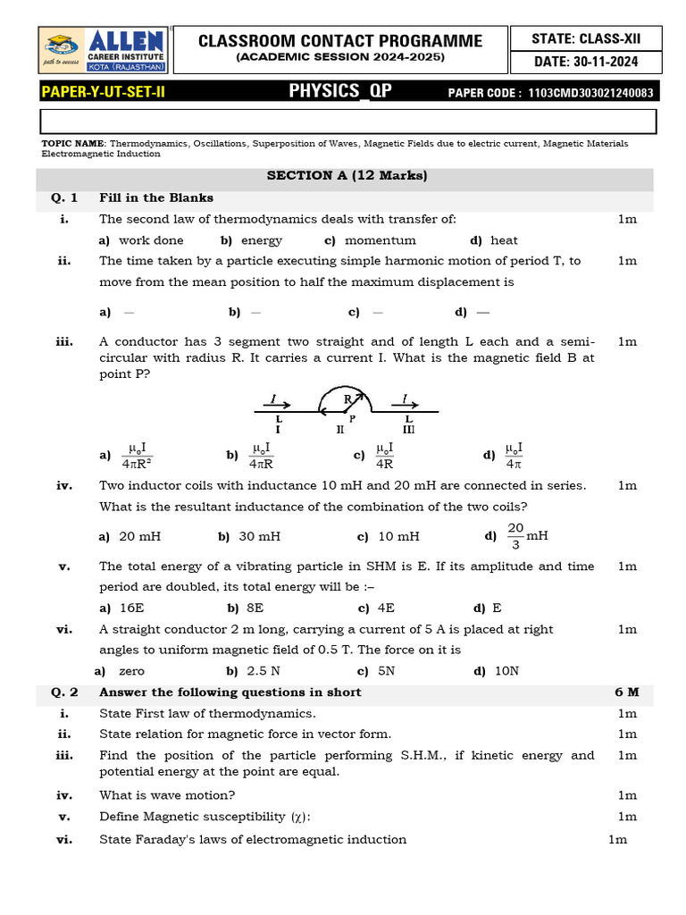 ENTHUSE-STATE BOARD_ UNITWISE SET II -PHYSICS QUES PAPER_Y-30-11-2024 | PDF | Inductance | Inductor