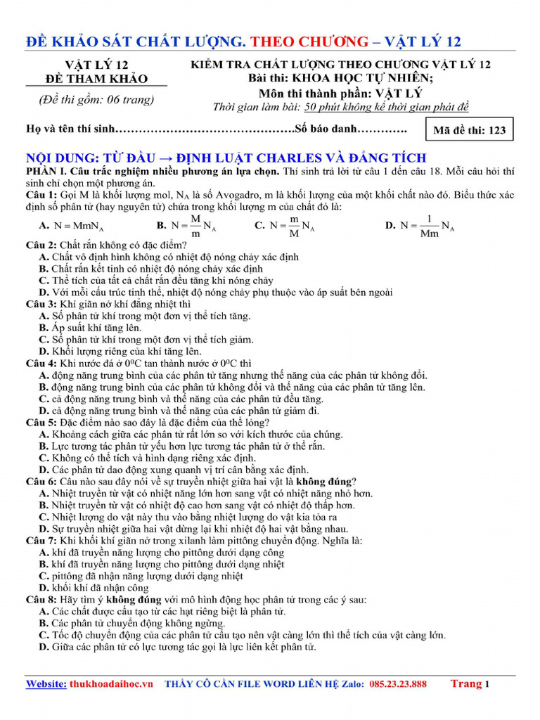 De Kiem Tra Chat Luong Vat Ly 12 Lan 15 | PDF