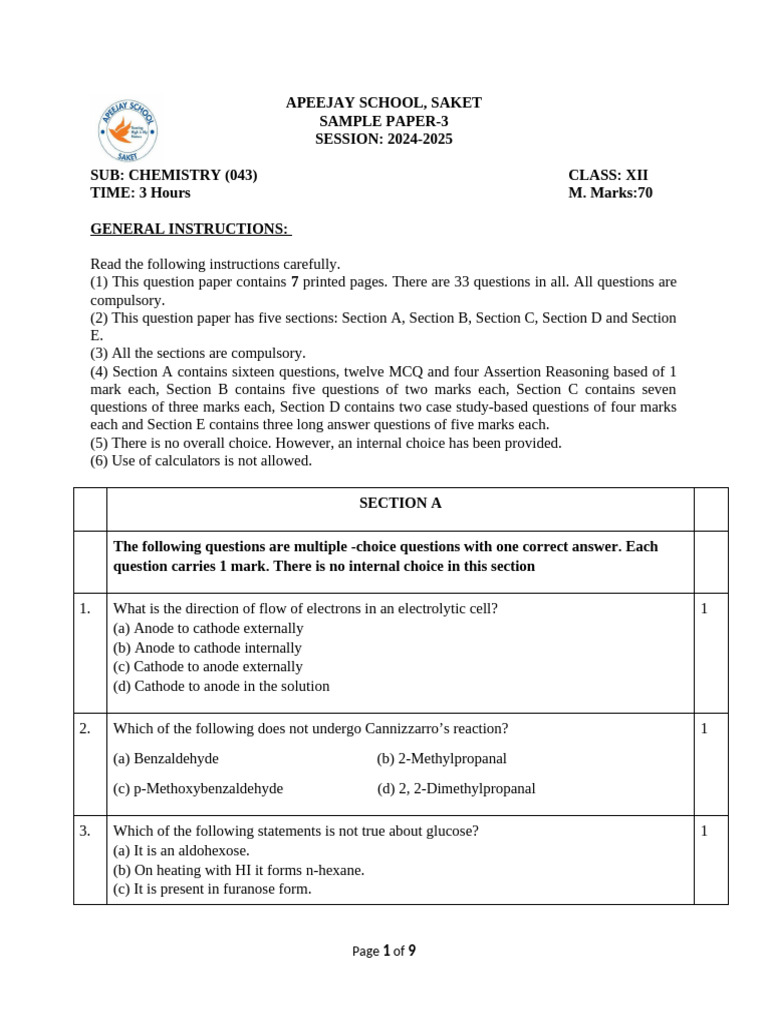 Sample Paper 3 24-25 Class 12 | PDF | Anode | Cathode