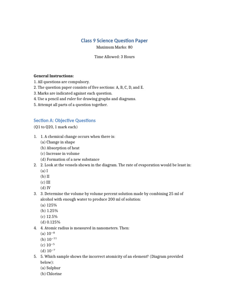 Class 9 Science Question Paper | PDF | Buoyancy | Chemistry