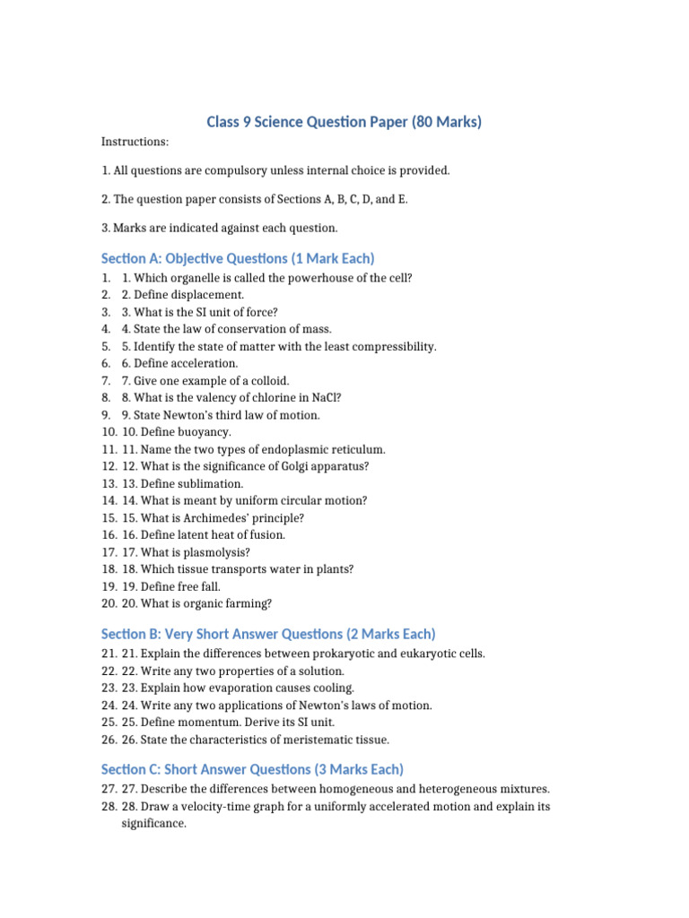 Class 9 Science Question Paper Revised | PDF | Mixture | Newton's Laws ...