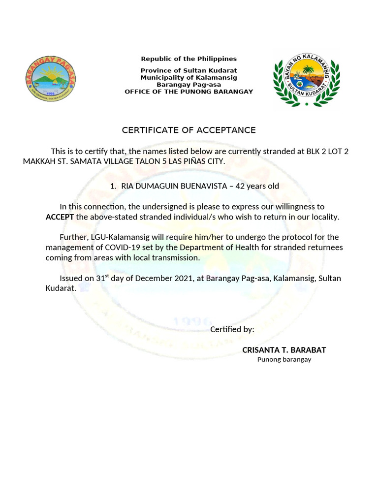 CERTIFICATE OF ACCEPTANCE | PDF
