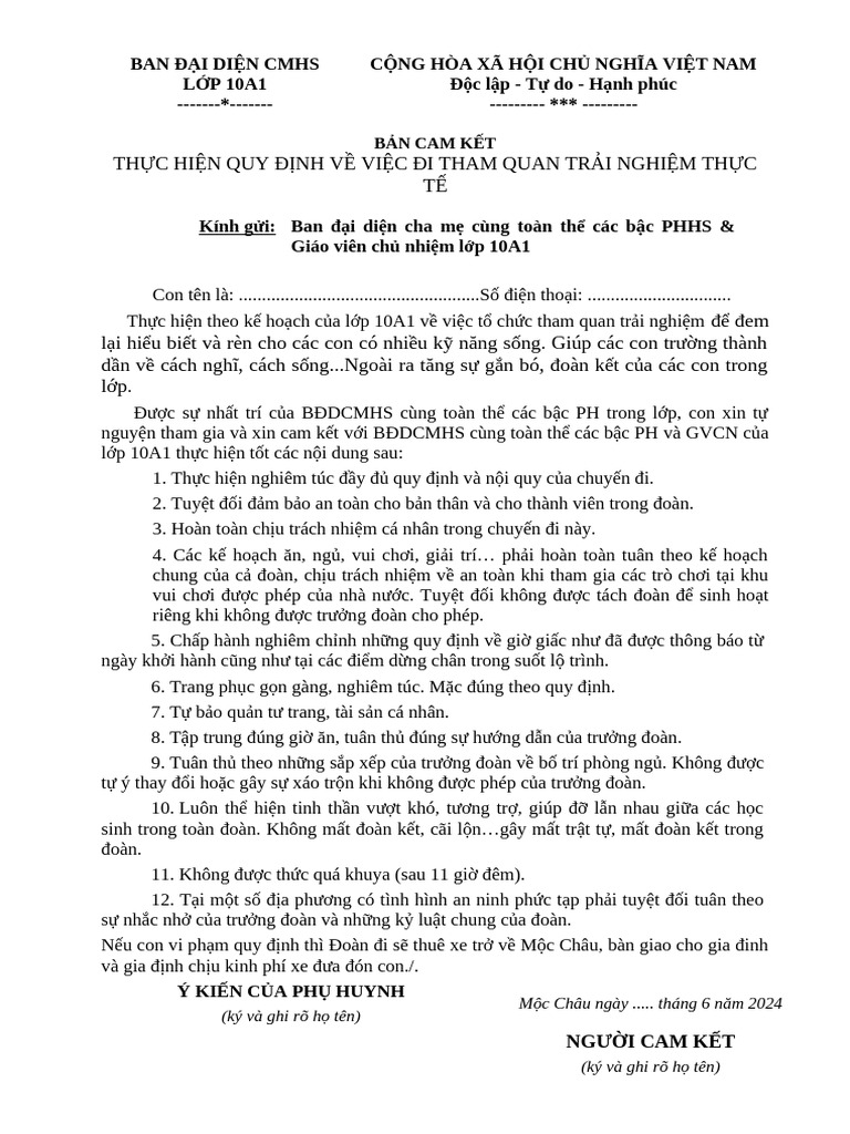 Ban Cam Ket Di Tham Quan Lop 10A1 | PDF