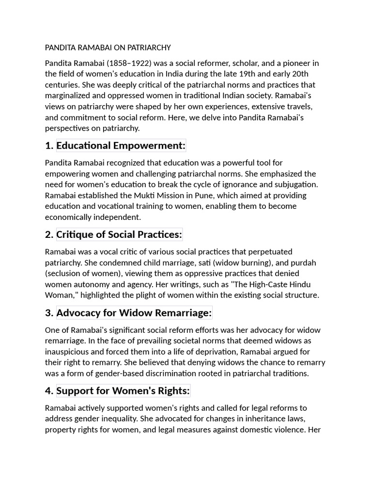 Pandita Ramabai On Patriarchy | PDF | Patriarchy | Gender Studies