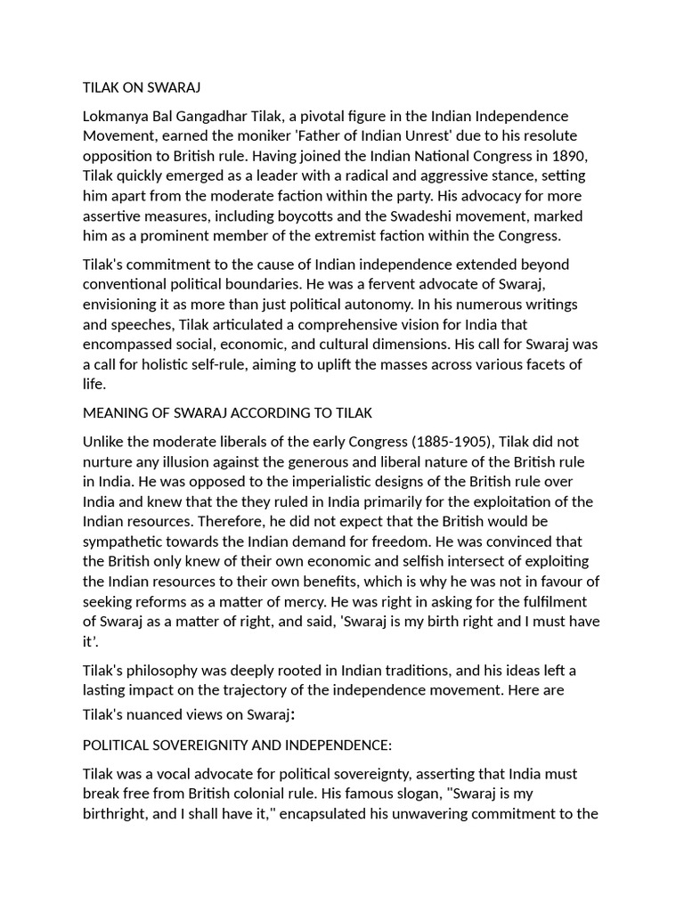 TILAK ON SWARAJ | PDF | British Raj | Indian Independence Movement