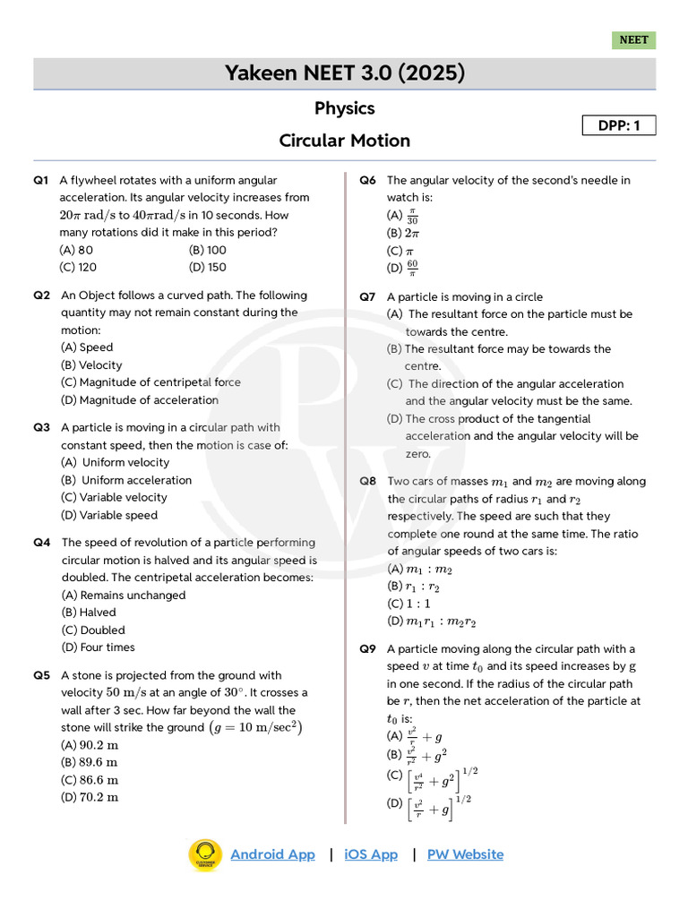 NEET 2025 Circular Motion Quiz | PDF | Acceleration | Velocity