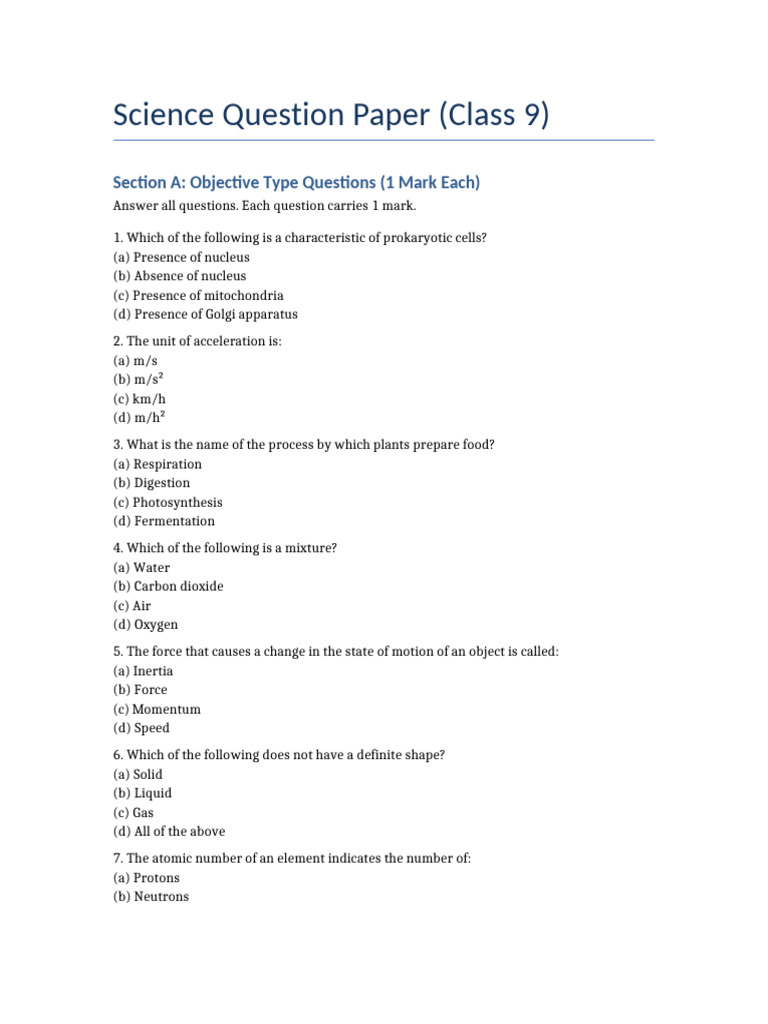 Science Question Paper Class9 | PDF | Water | Force