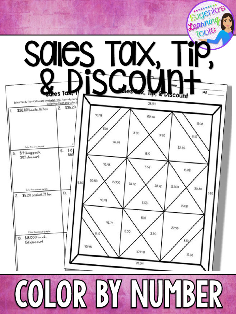 Sales Tax Tip and Discount Color By Number Worksheet Financial Literacy ...