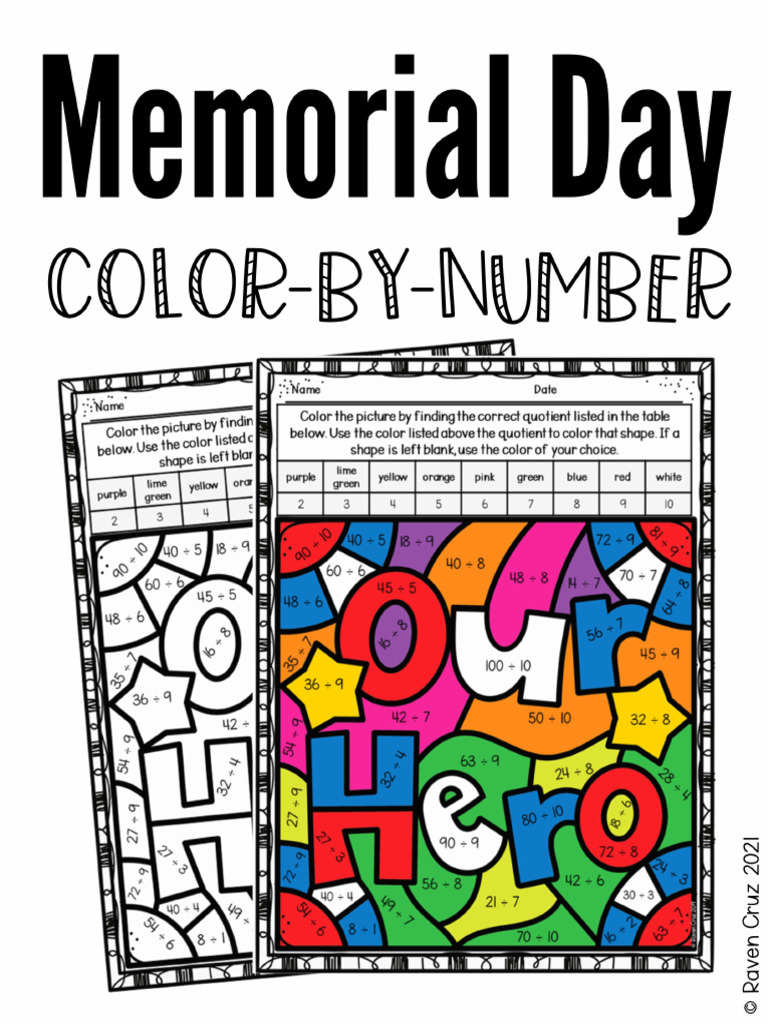 Memorial Day Math Division Color by Number Worksheets | PDF