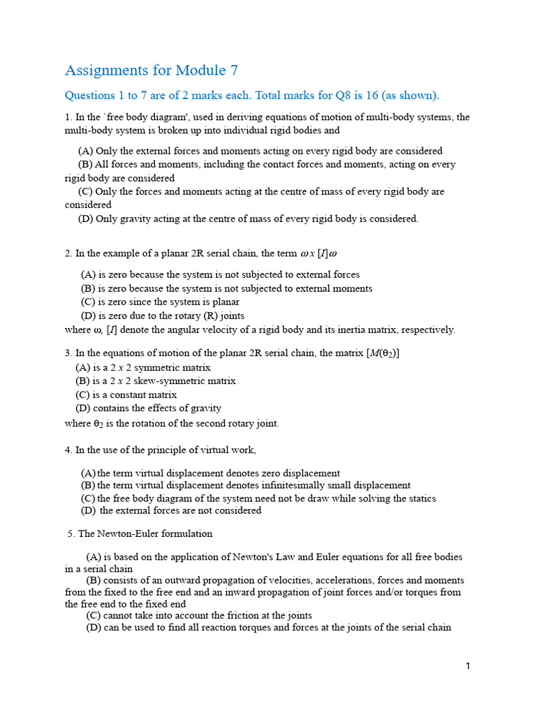Multi-Body Dynamics Assignment | PDF | Force | Lagrangian Mechanics