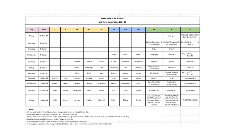 Mid Term Time Table 2024.xlsx - Class I-XI | PDF | Science