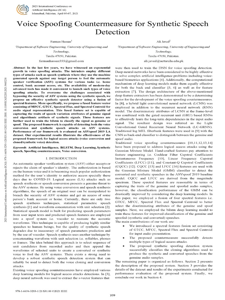 Voice Spoofing Countermeasure for Synthetic Speech Detection | PDF | Spectral Density | Speech ...