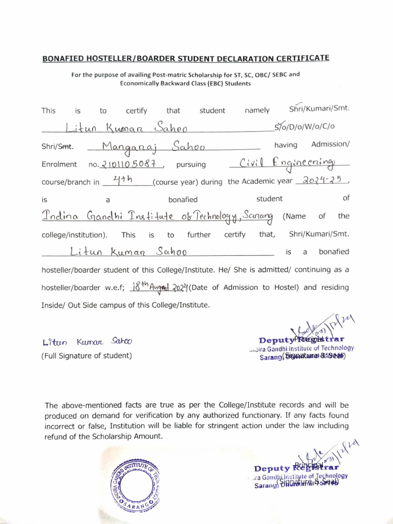Bonafide Hosteller Declaration Certificate | PDF | Politics Of India ...