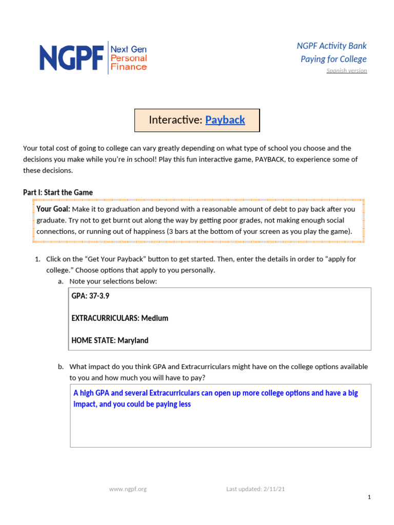 Student Copy - INTERACTIVE - Payback | PDF