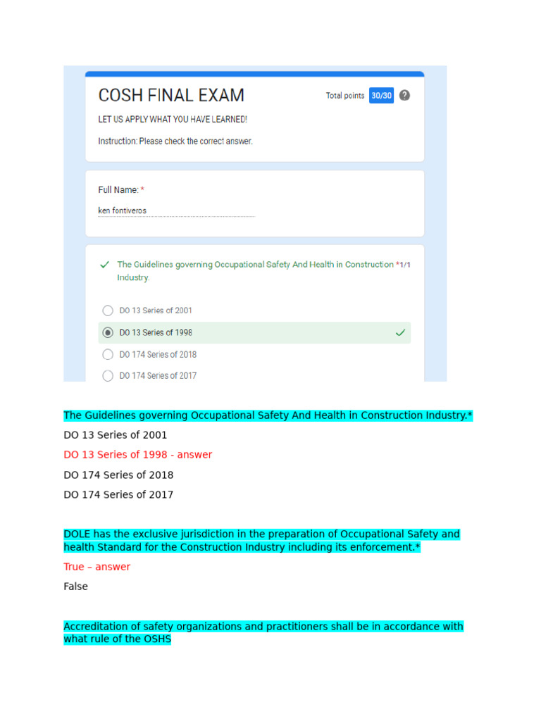 Cosh Final Exam Answer 1 | PDF | Occupational Safety And Health | Safety