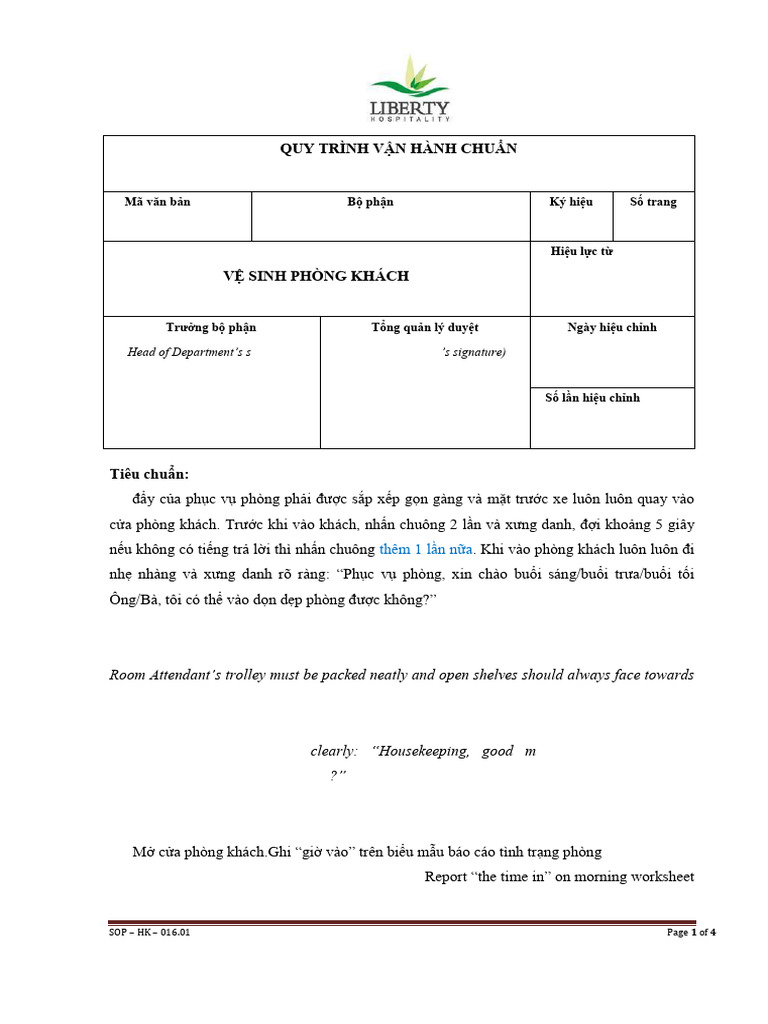 SOP-HK-016.01-Vệ sinh phòng khách | PDF