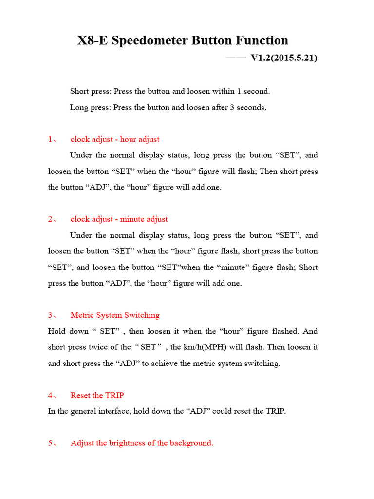 X8-E Speedometer Button Function Manual | PDF | Computer Engineering | Manufactured Goods