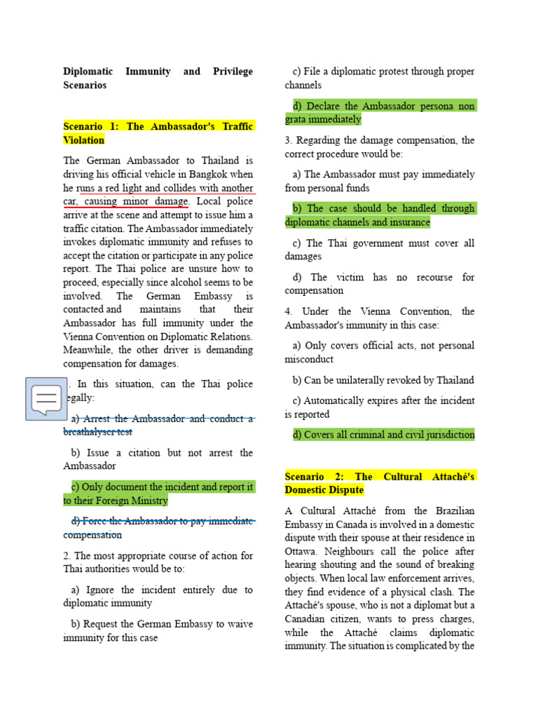 Diplomatic Immunity and Privilege Scenarios | PDF | Consul ...