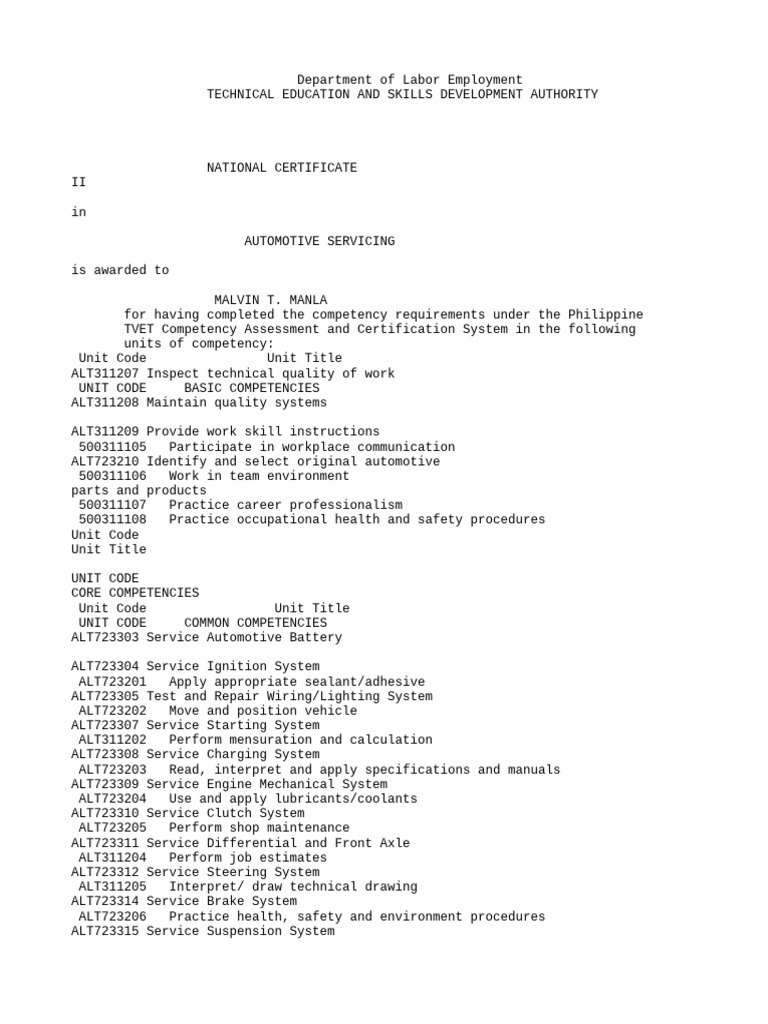 Automotive Servicing NC Ii Jay Christian T Agsalon | PDF | Manual Transmission | Vehicles