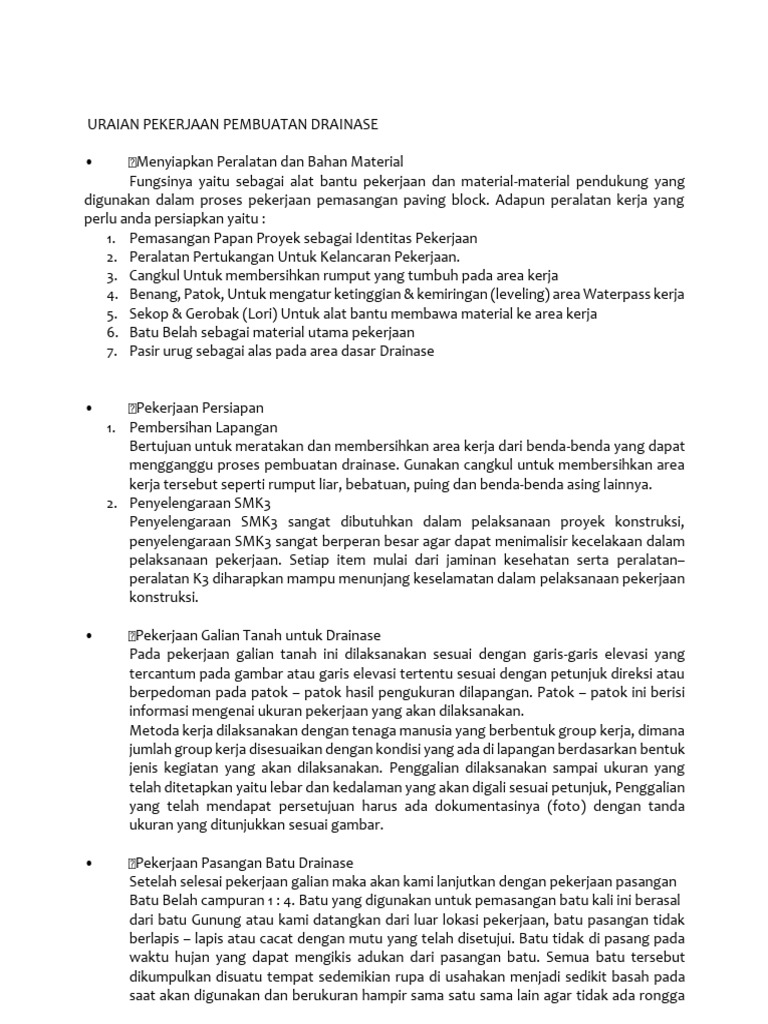 Uraian Pekerjaan Drainase Ranoyapo | PDF
