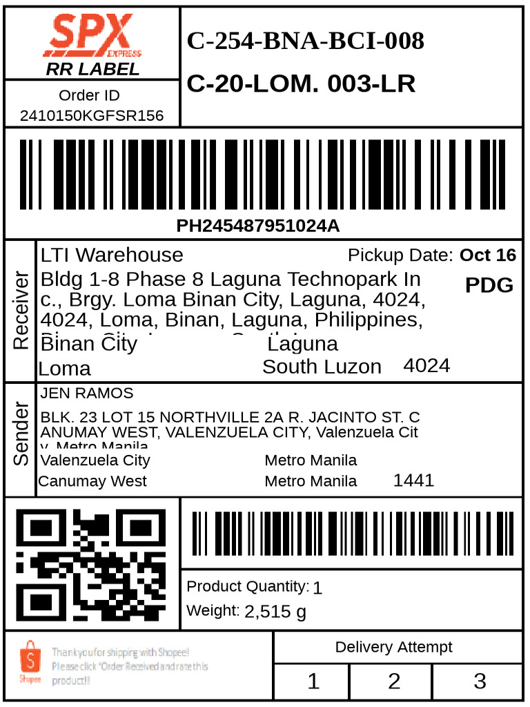 Order Delivery Details for Loma, Laguna | PDF