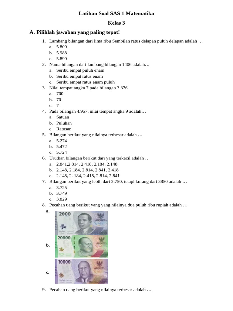 Latihan Soal SAS 1 Matematika Kelas 3 | PDF