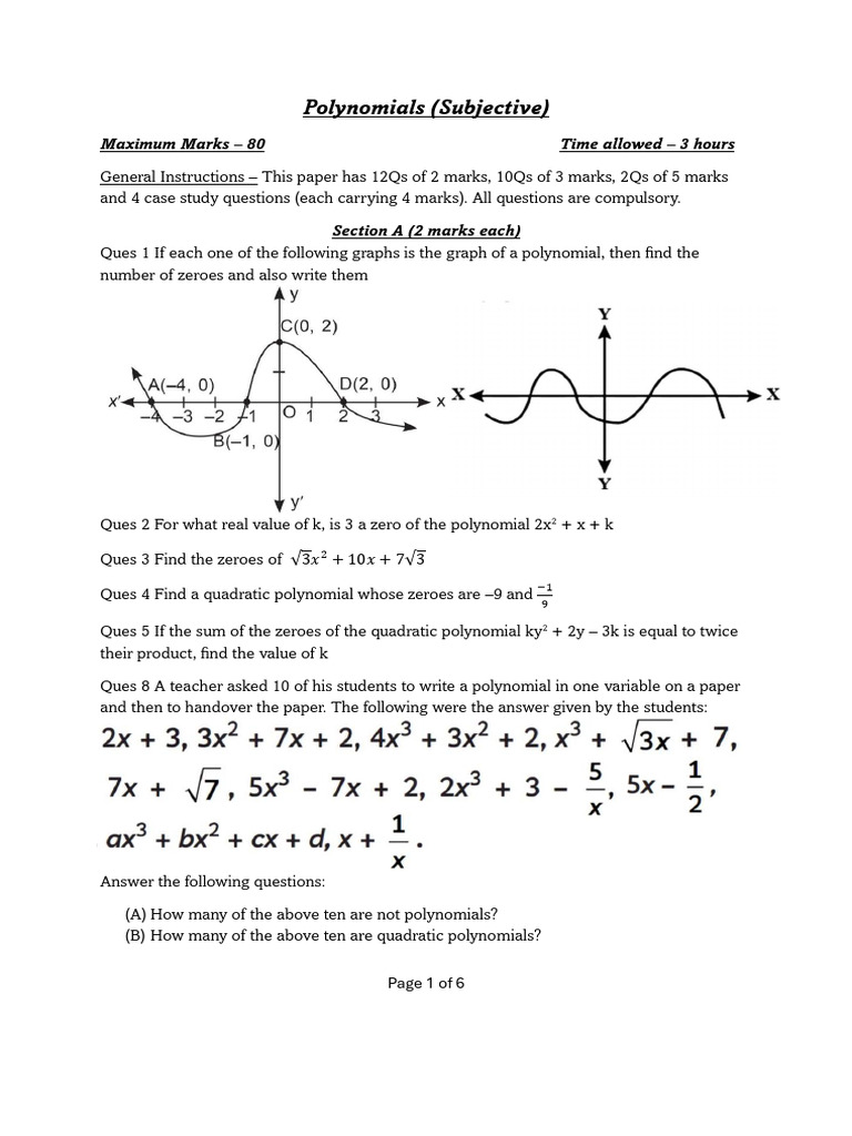 Polynomial Exam: Questions & Solutions | PDF | Polynomial | Quadratic ...