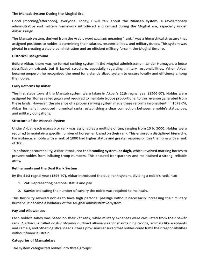 The Mansab System During The Mughal Era | PDF