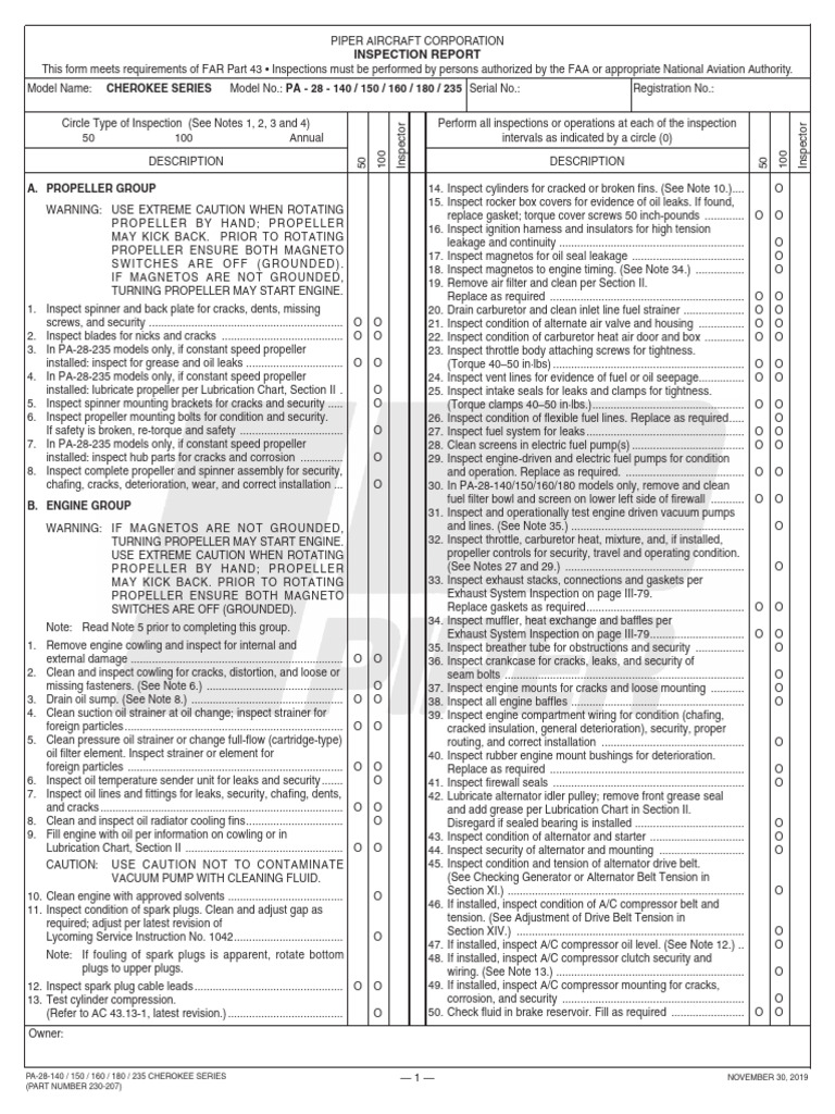 Piper Cherokee Inspection Report 230-207 | PDF | Carburetor | Belt ...