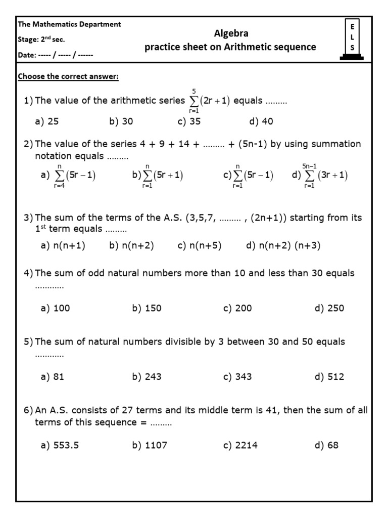 Arithmetic Sequence Practice Sheet | PDF | Summation | Abstract Algebra
