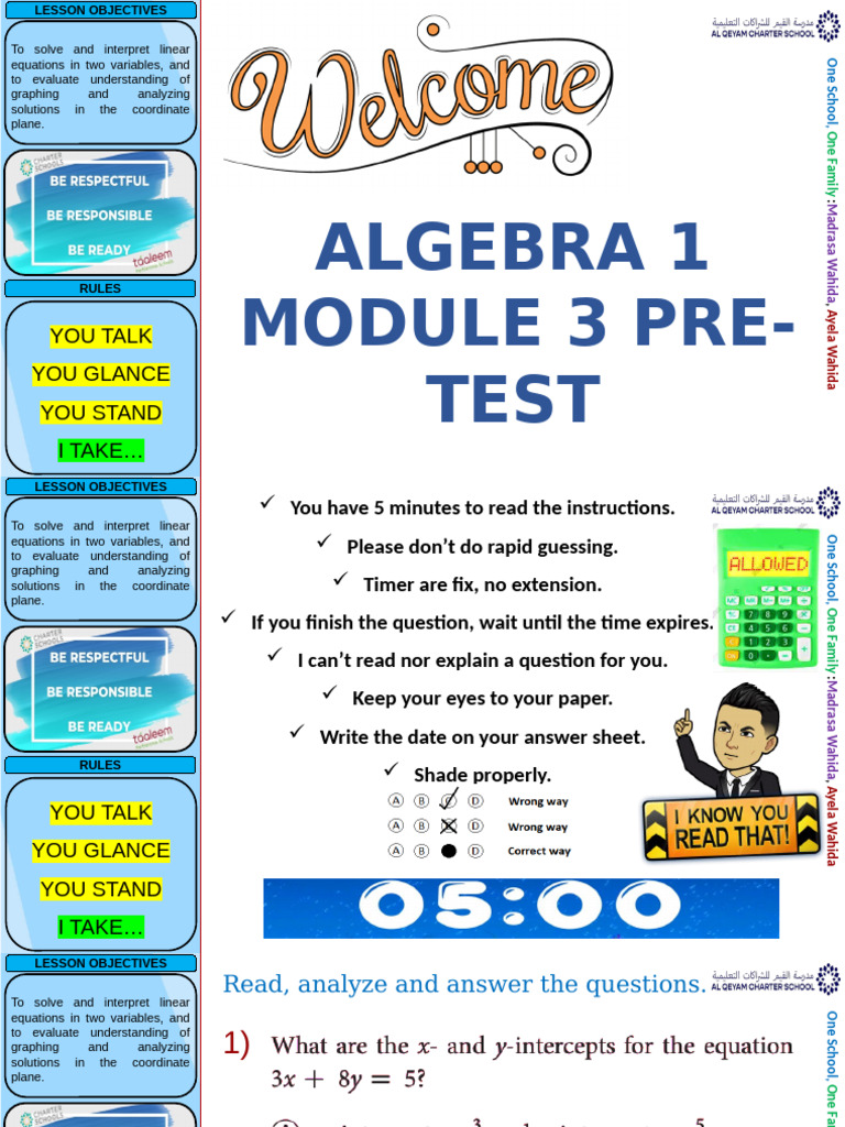 Algebra 1 Module 3 - PreTest | PDF | Equations | Mathematical Analysis