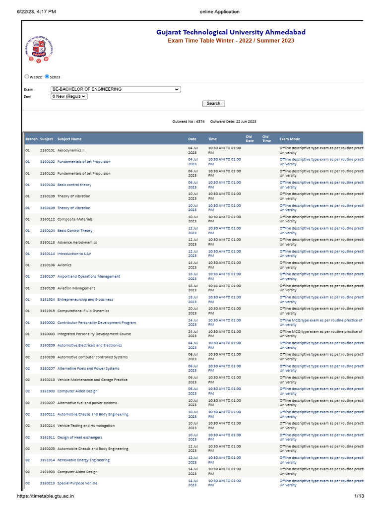 GTU Exam Schedule Winter 2022/Summer 2023 | PDF | Biomedical Engineering | Engineering