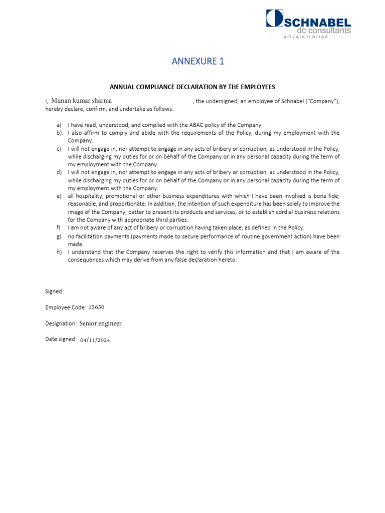 Employee Annual Compliance Declaration | PDF
