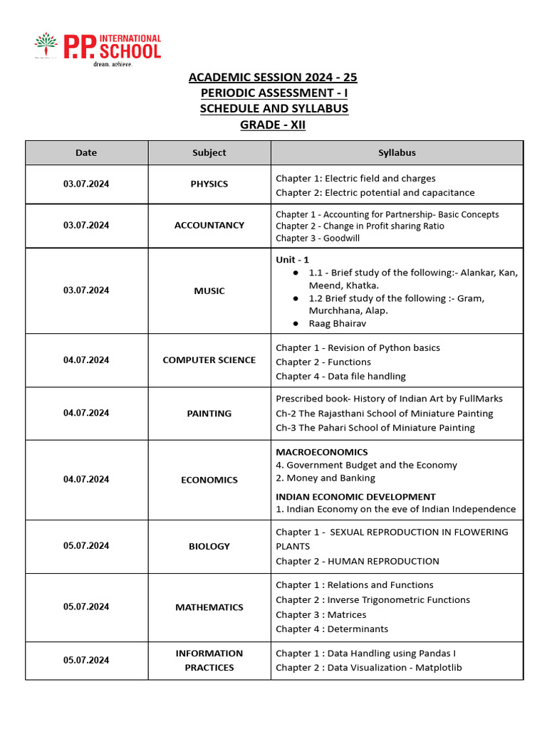 Grade XII 2024-25 Assessment Schedule | PDF